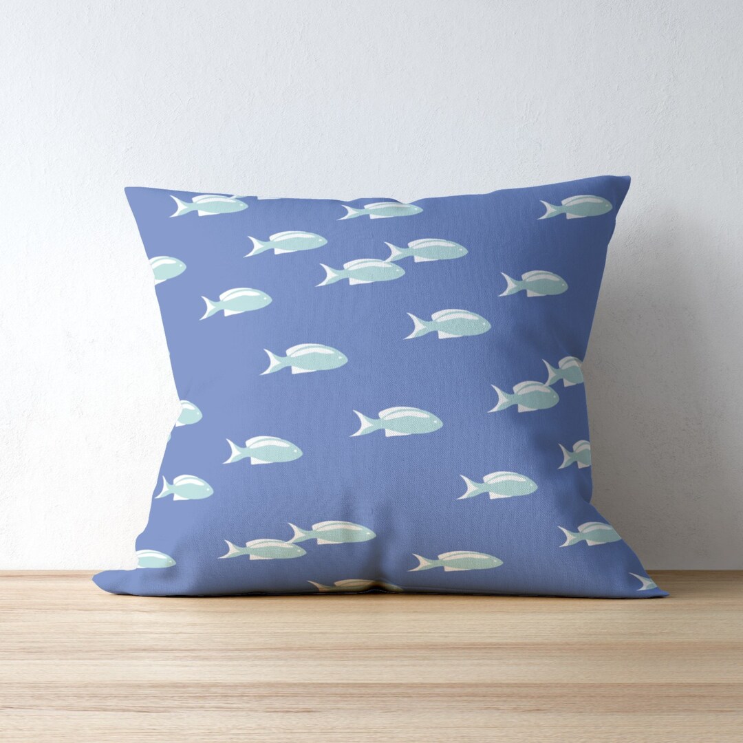 Blue Coastal Pillow With School of Fish, Aqua and White Fish on Blue ...