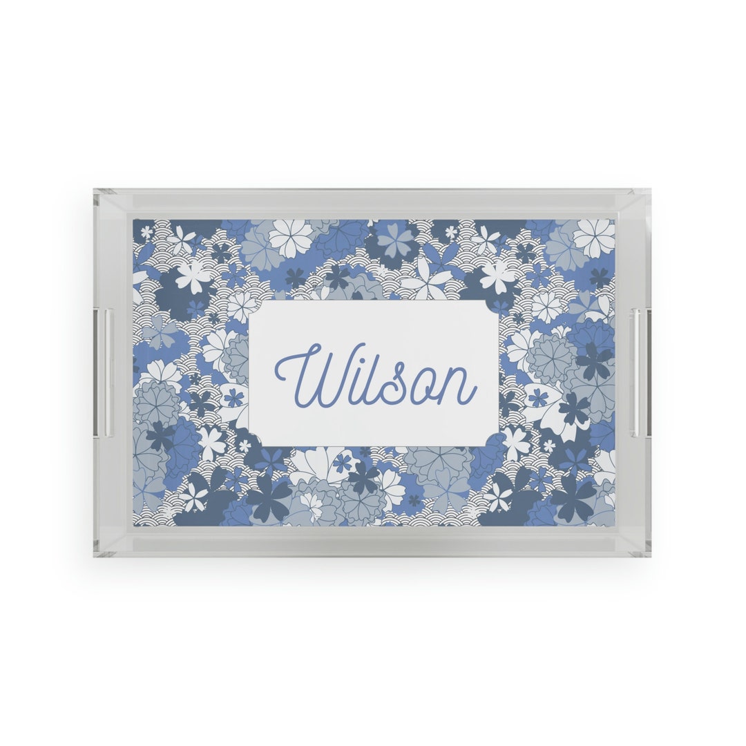 Custom Blue Chinoiserie Floral Acrylic Serving Tray, Cocktail Table ...