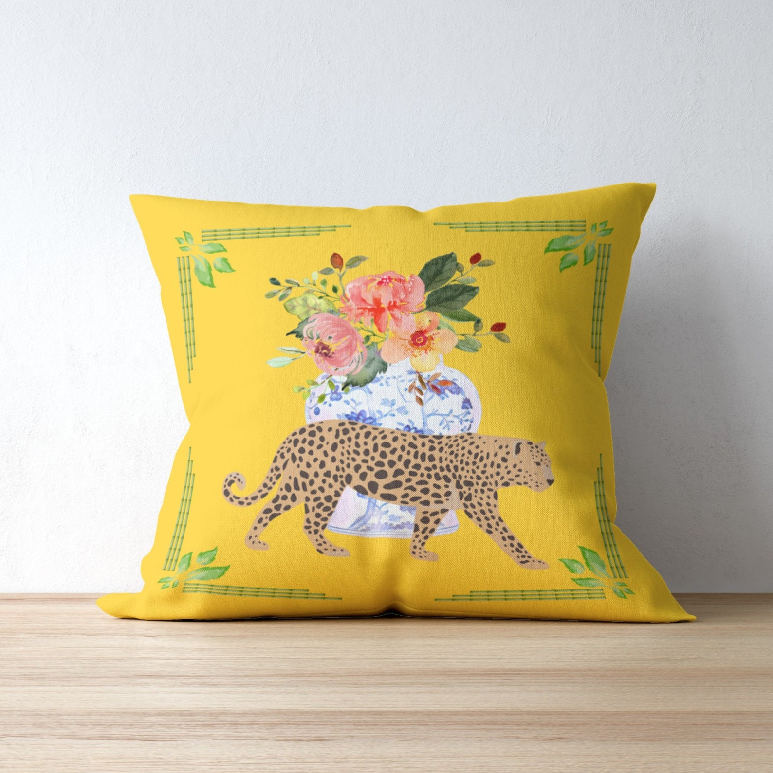 Yellow Leopard Chinoiserie Style Accent Pillow, Leopard With Floral ...