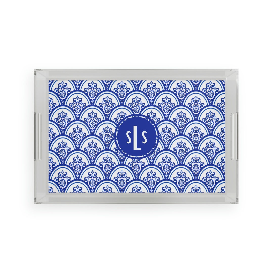 Blue and White Acrylic Large Tray With Custom Monogram Large Cocktail ...
