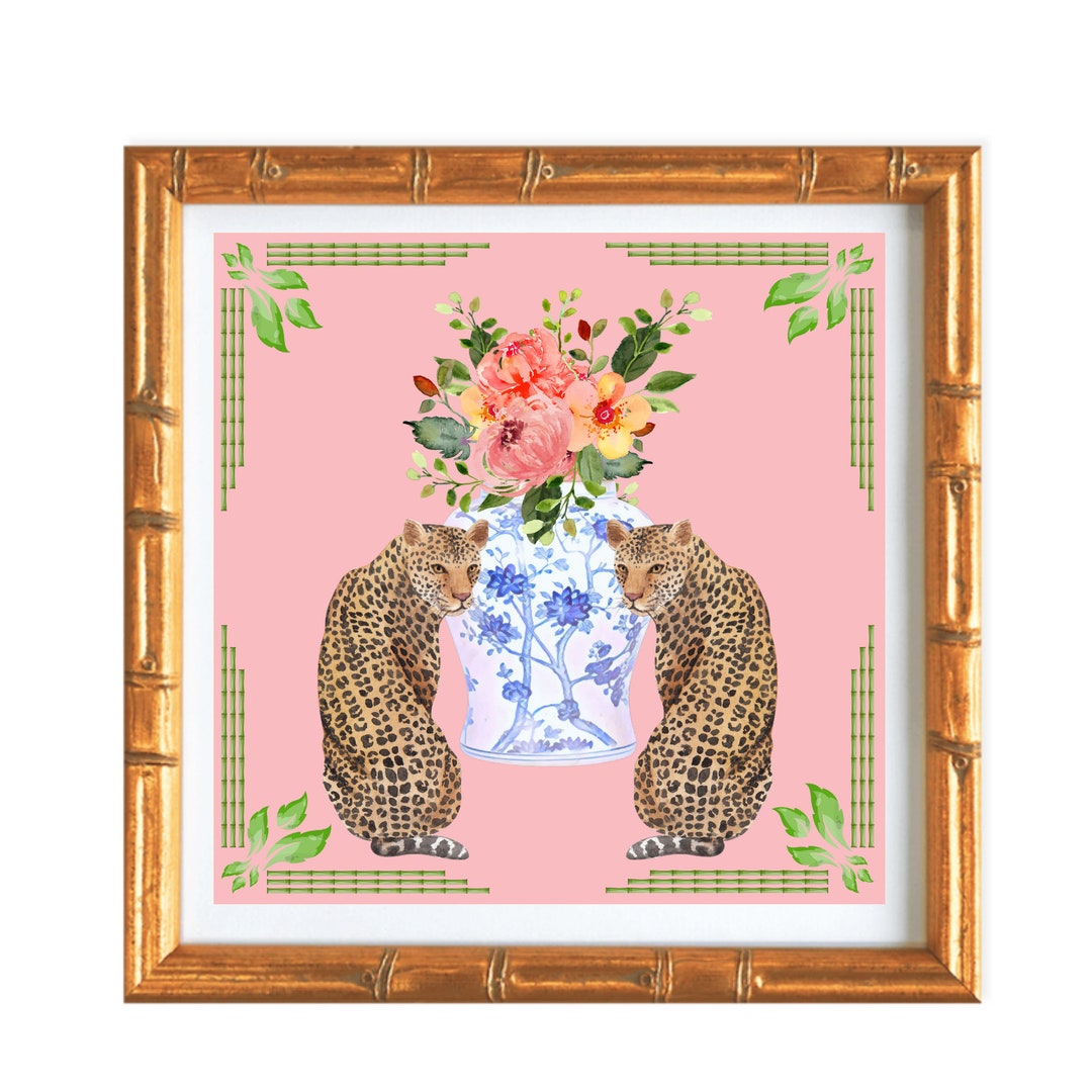 Chinoiserie Style Art Print Ginger Jar With Leopards and Floral Art ...