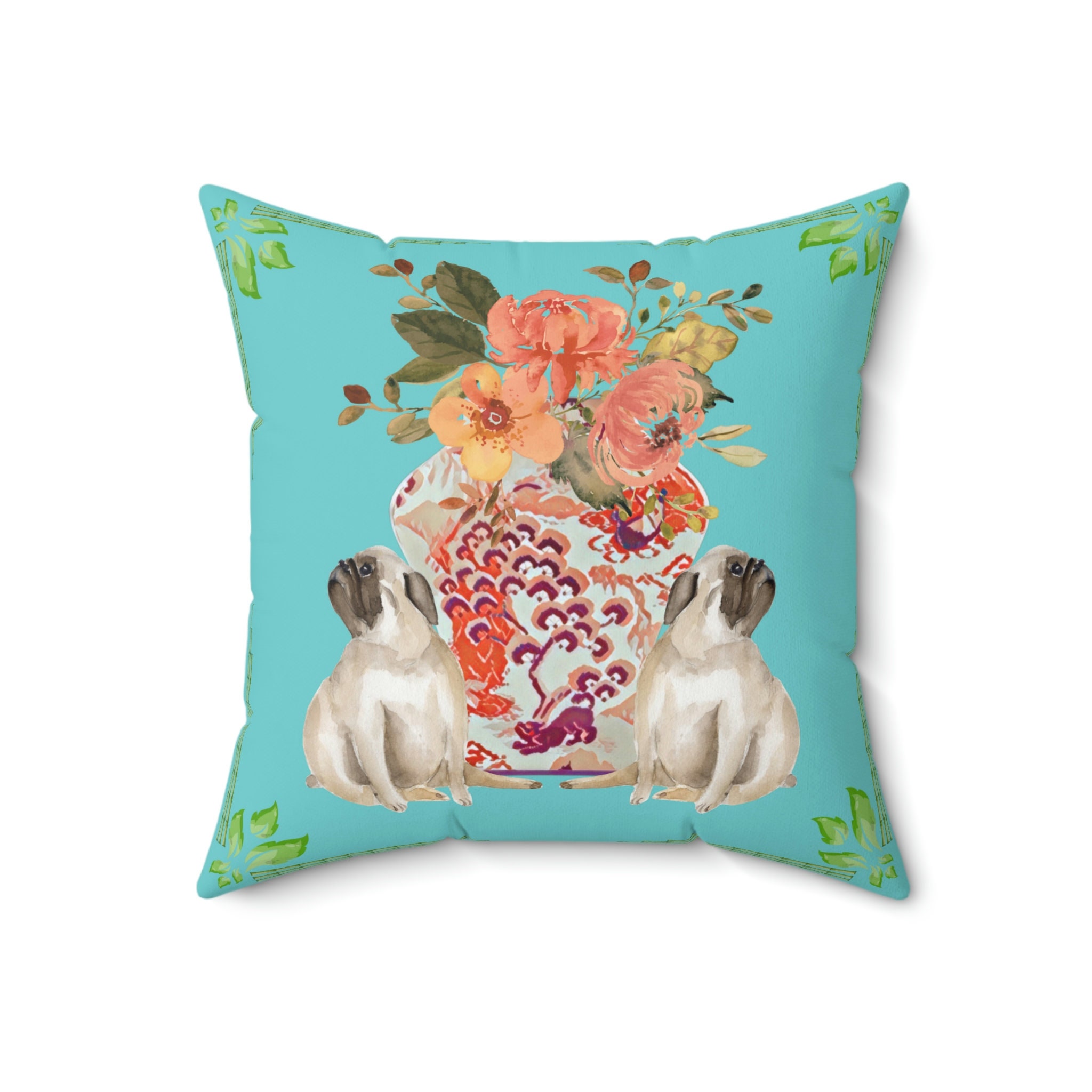 Pugs With Ginger Jar Turquoise Throw Pillow, Chinoiserie Accent Pillow ...