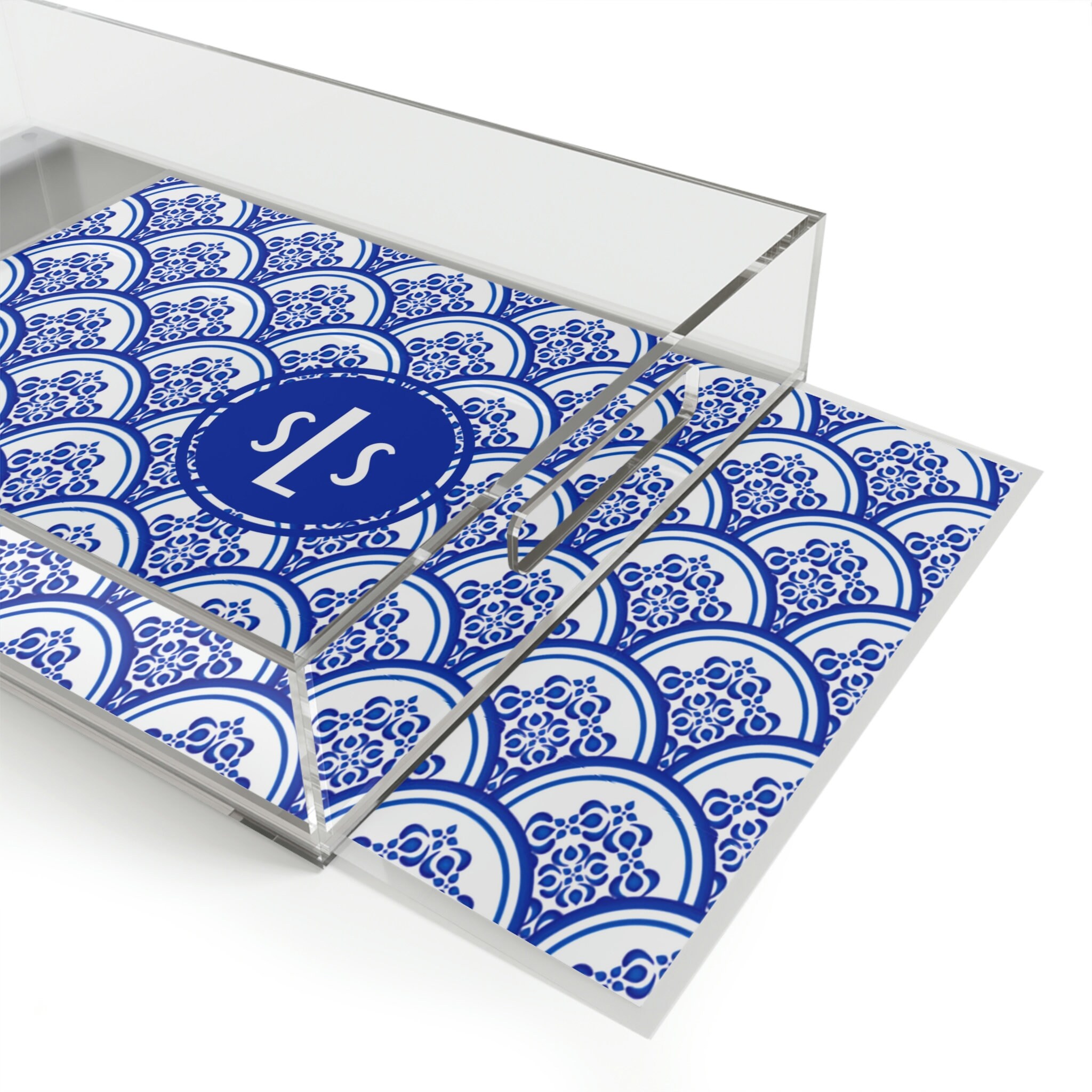 Blue and White Acrylic Large Tray With Custom Monogram Large Cocktail ...