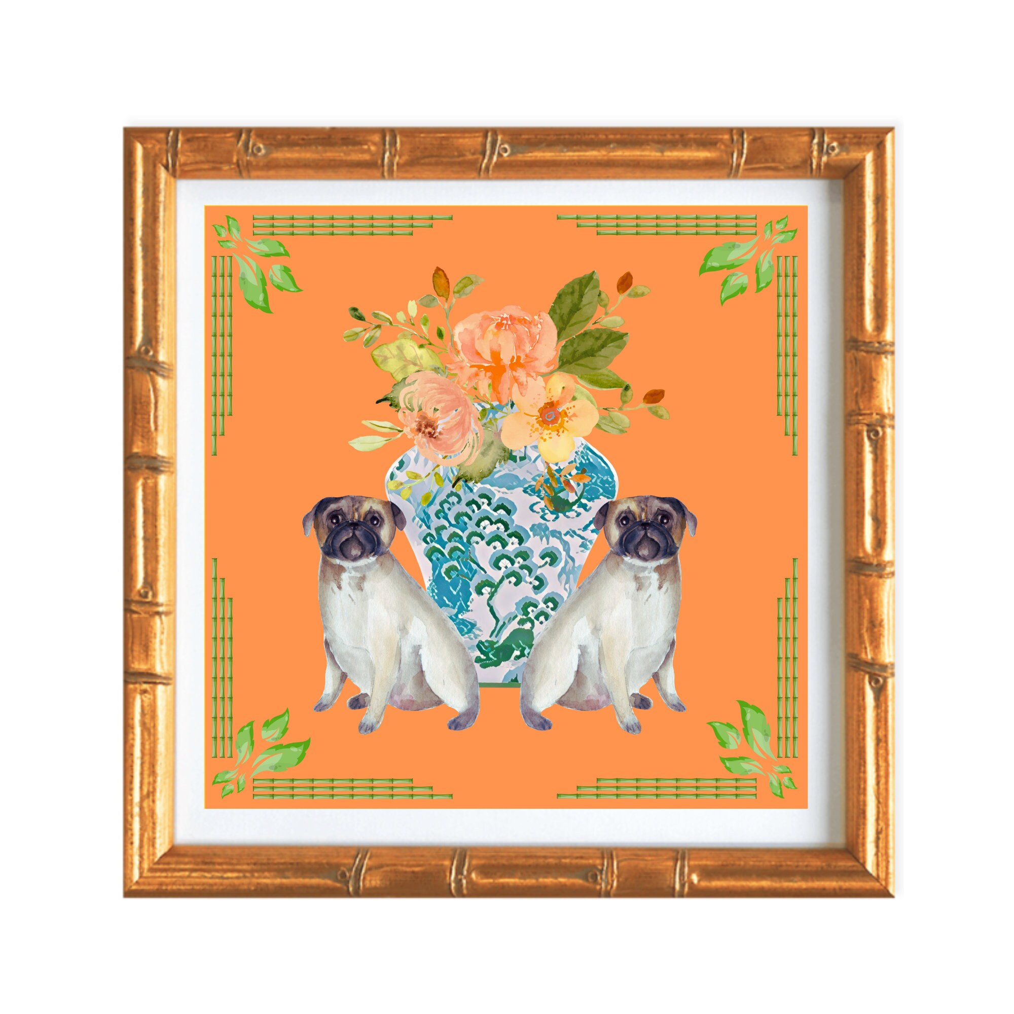 Pug Chinoiserie Style Art Print, Ginger Jar With Pugs and Floral Art ...