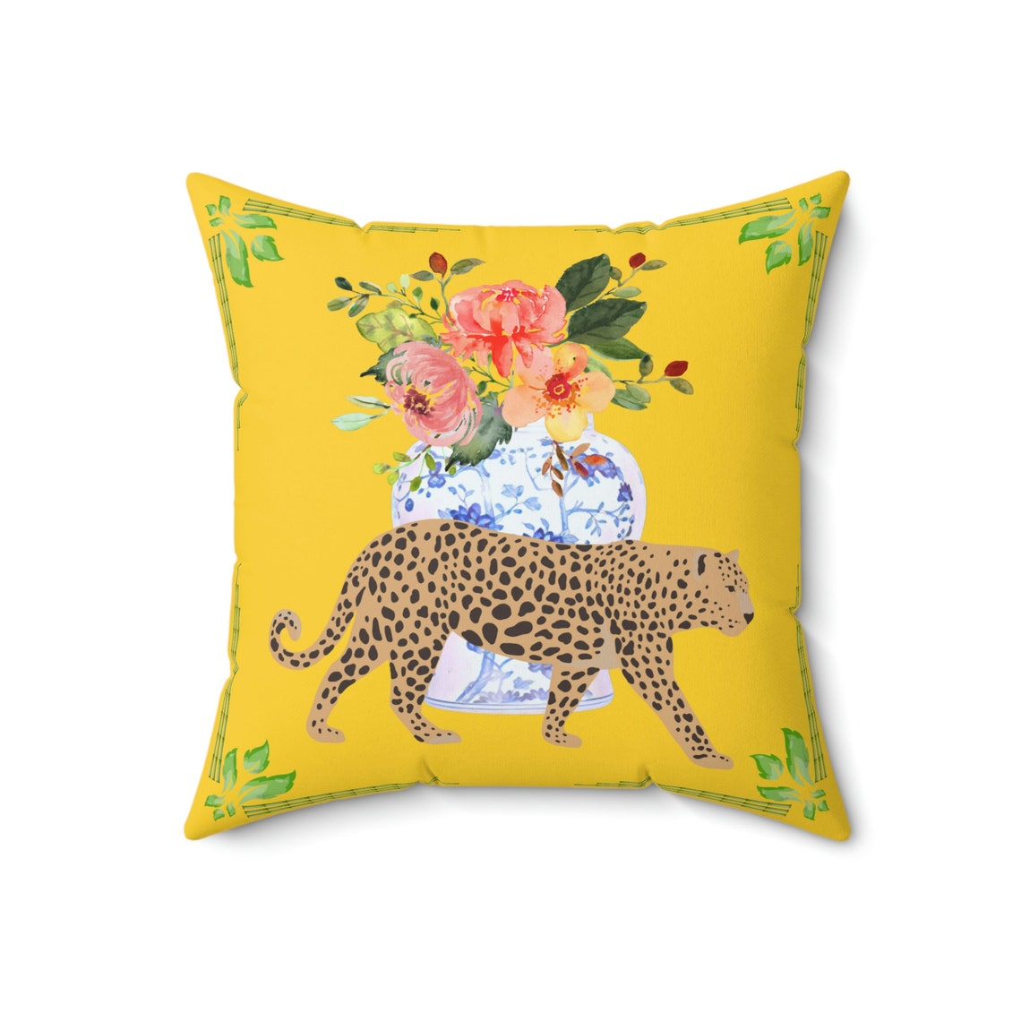 Yellow Leopard Chinoiserie Style Accent Pillow, Leopard With Floral ...