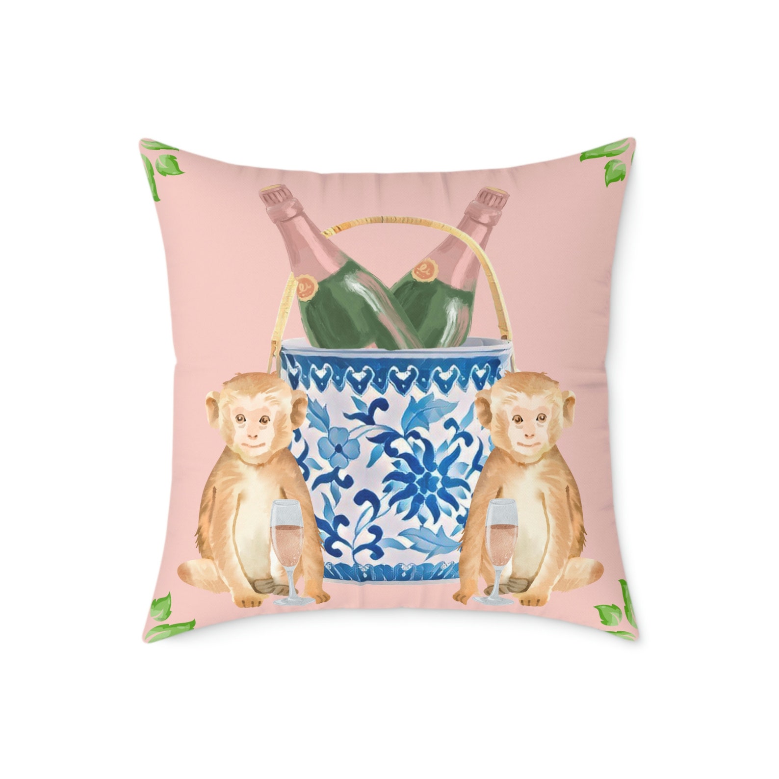 Chinoiserie Decorative Accent Pillow, Monkeys Drinking Champagne on ...