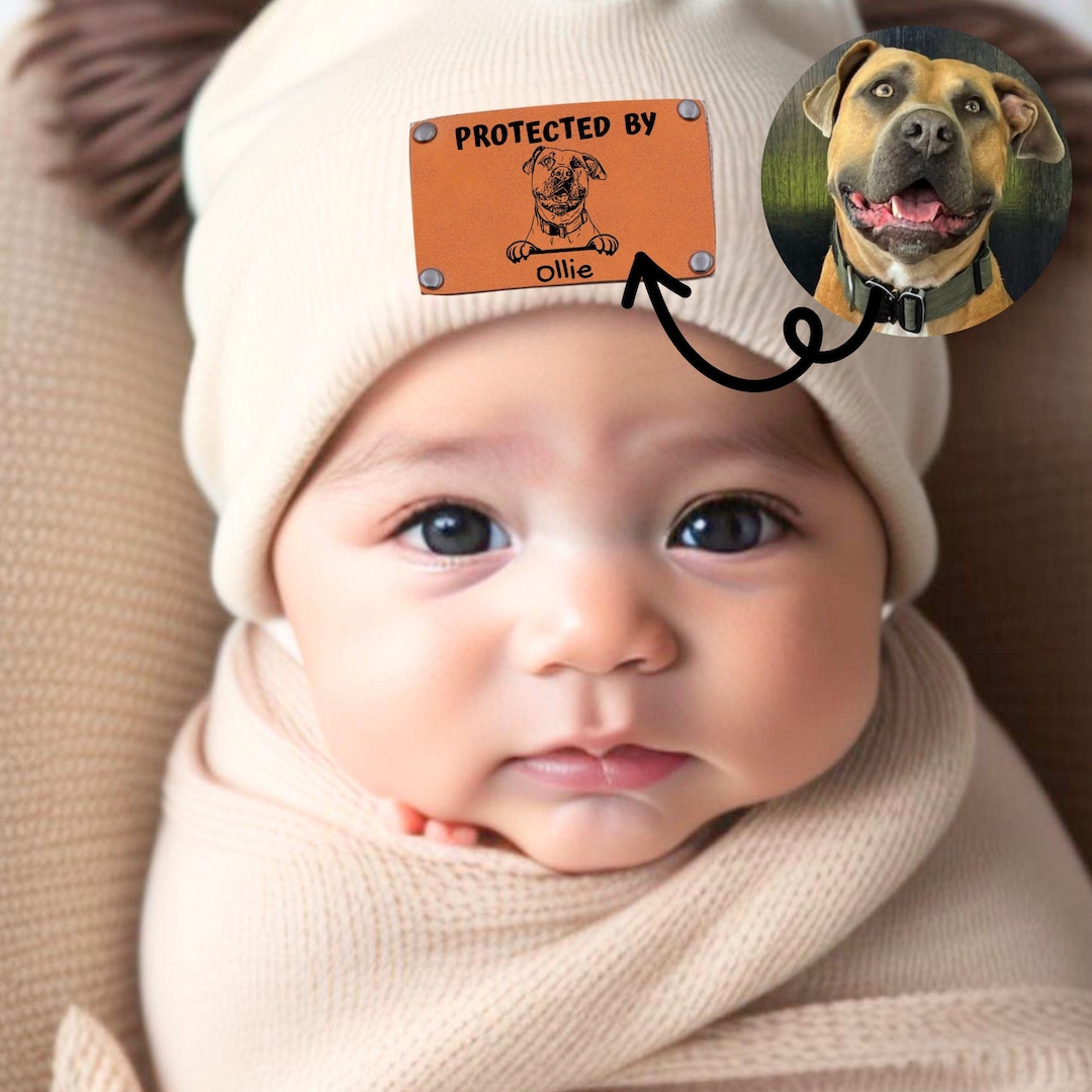 Custom Pet Portrait Protected by Baby Toddler Beanie With Vegan Leather ...