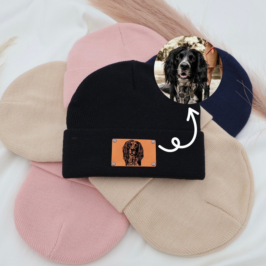 Personalized Leather Patch Beanies With Pet Portraits - Custom Beanie ...