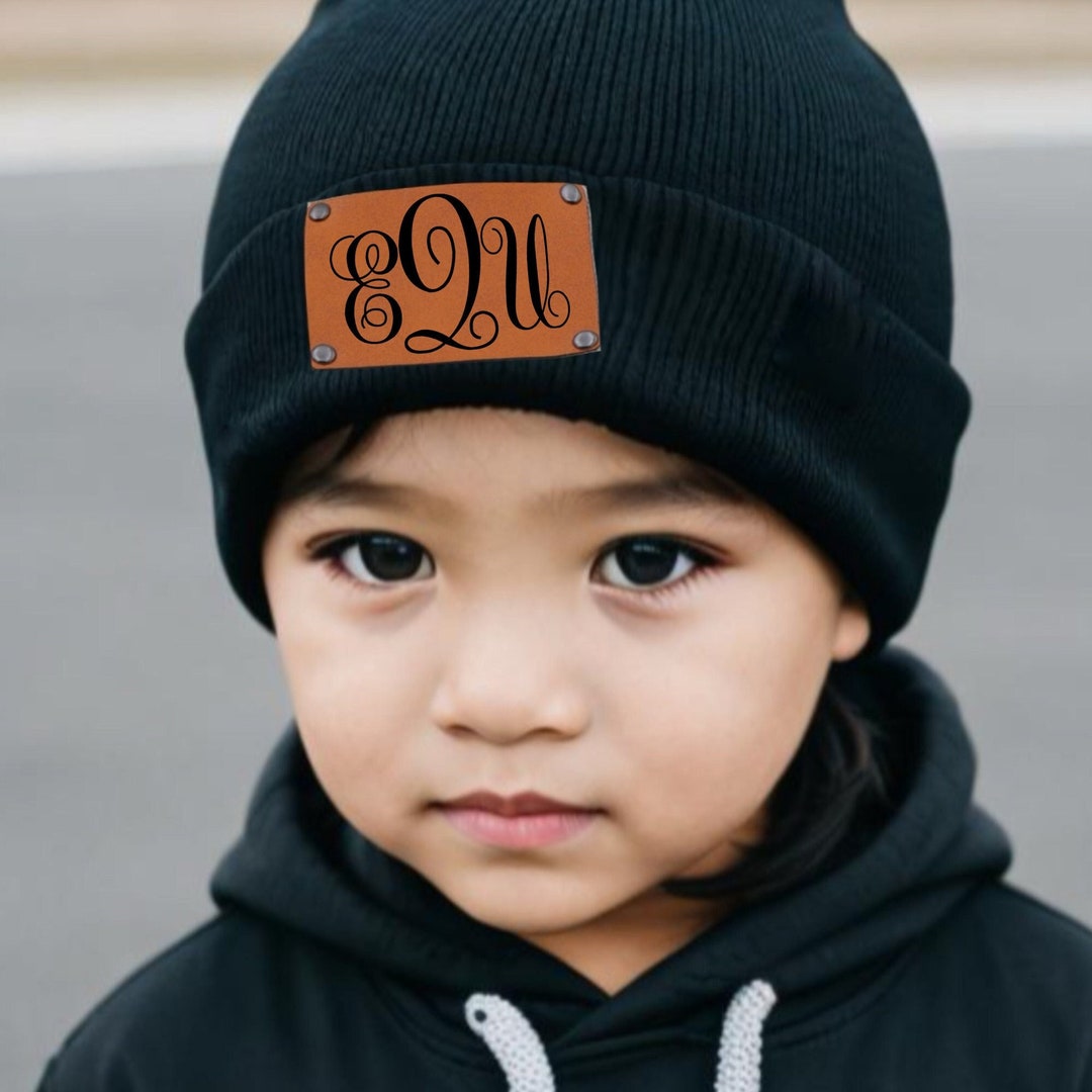 Custom Engraved Monogram Leather Patch Beanie - Personalized Name ...