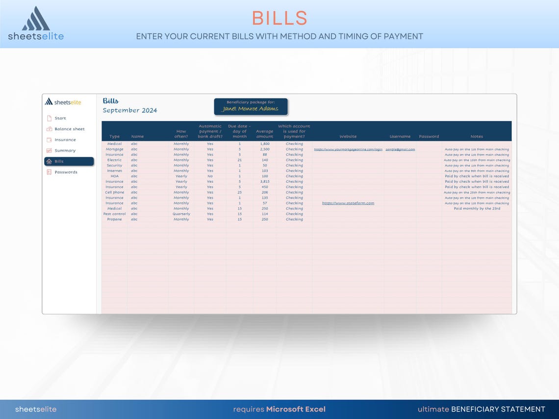 Ultimate Beneficiary Statement - Microsoft Excel - Instant Download ...