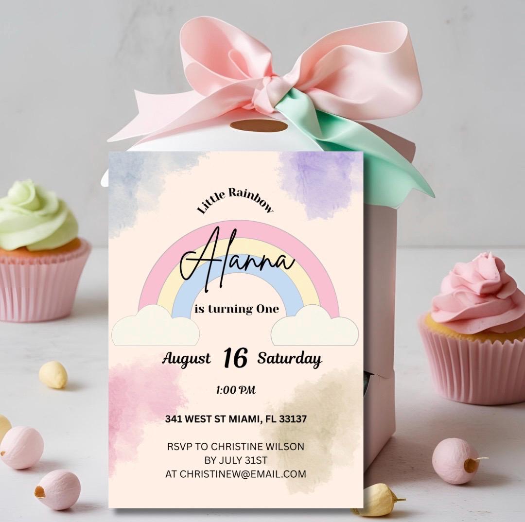 Rainbow Birthday Invitation, Pastel Colors, Editable Template - Etsy