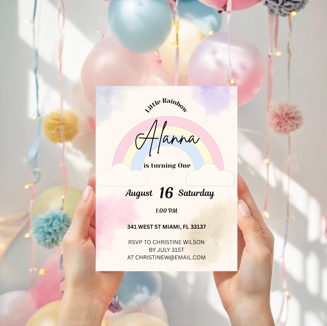 Rainbow Birthday Invitation, Pastel Colors, Editable Template - Etsy