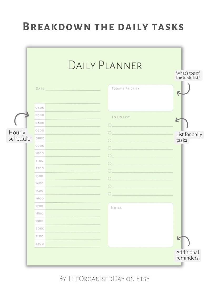 Pastel Green Daily Printable Minimal Planner, 24 Hour Work or Personal ...