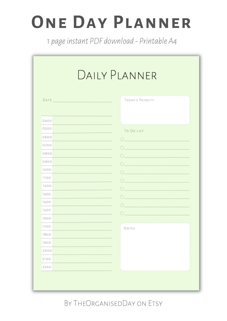 Pastel Green Daily Printable Minimal Planner, 24 Hour Work or Personal ...