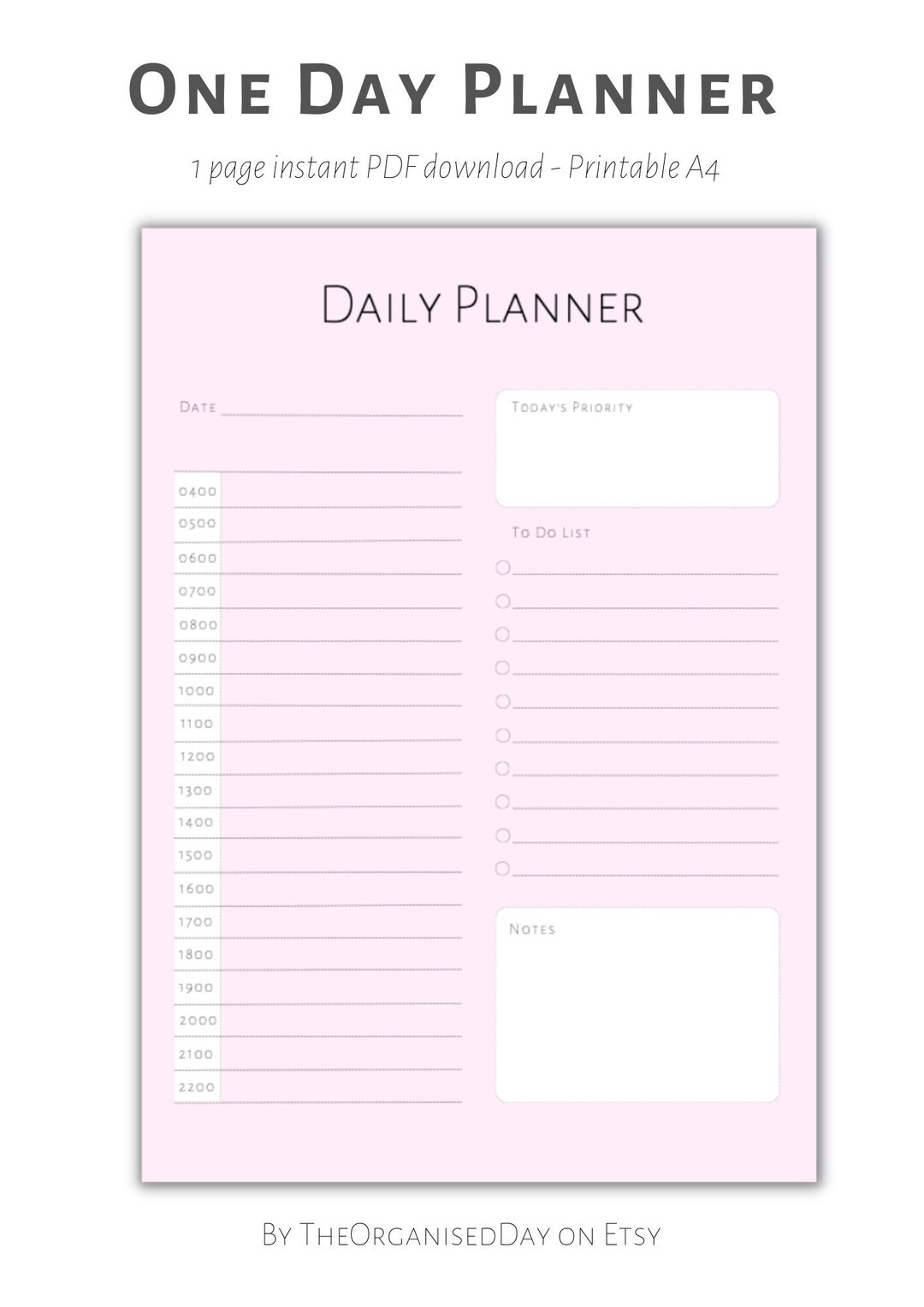 Pastel Pink Daily Printable Minimal Planner, 24 Hour Work or Personal ...