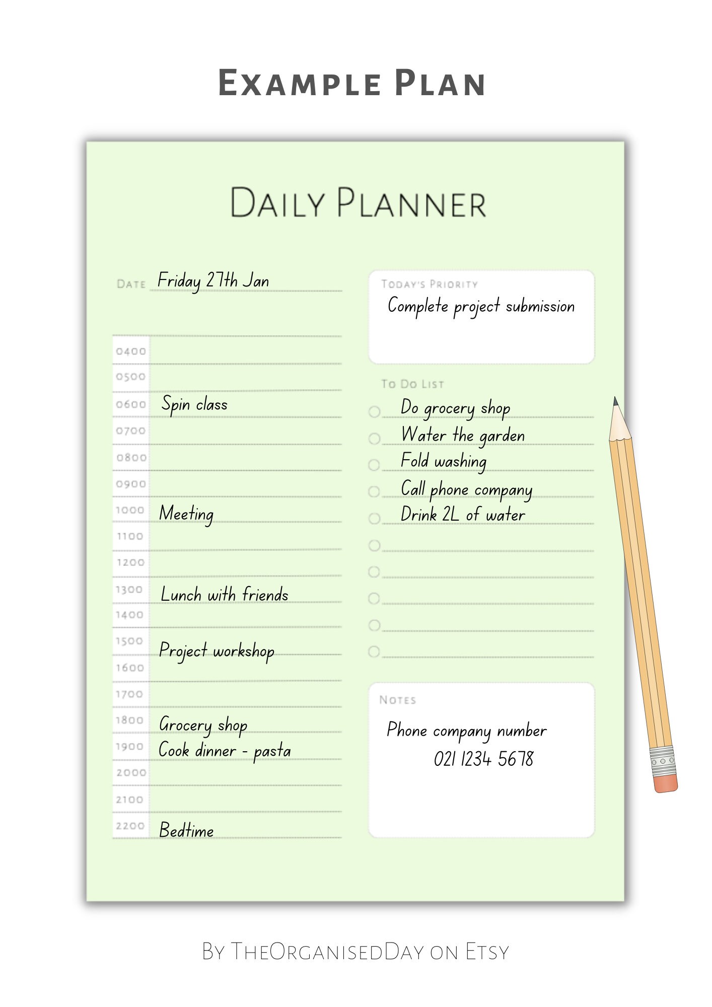 Pastel Green Daily Printable Minimal Planner, 24 Hour Work or Personal ...