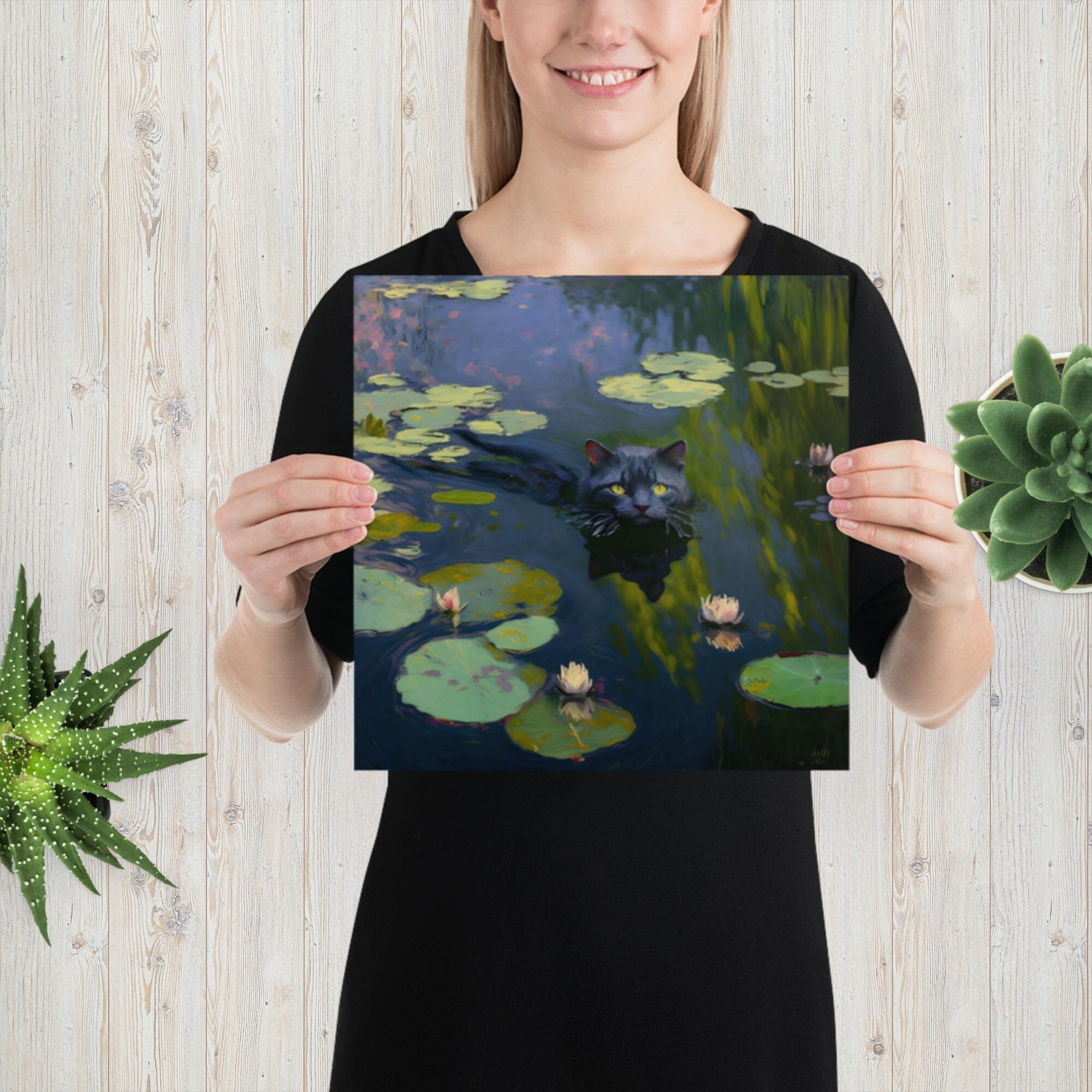 Monet Waterlily Cat Print, Claude Monet Cat Poster, Black Cat Art ...