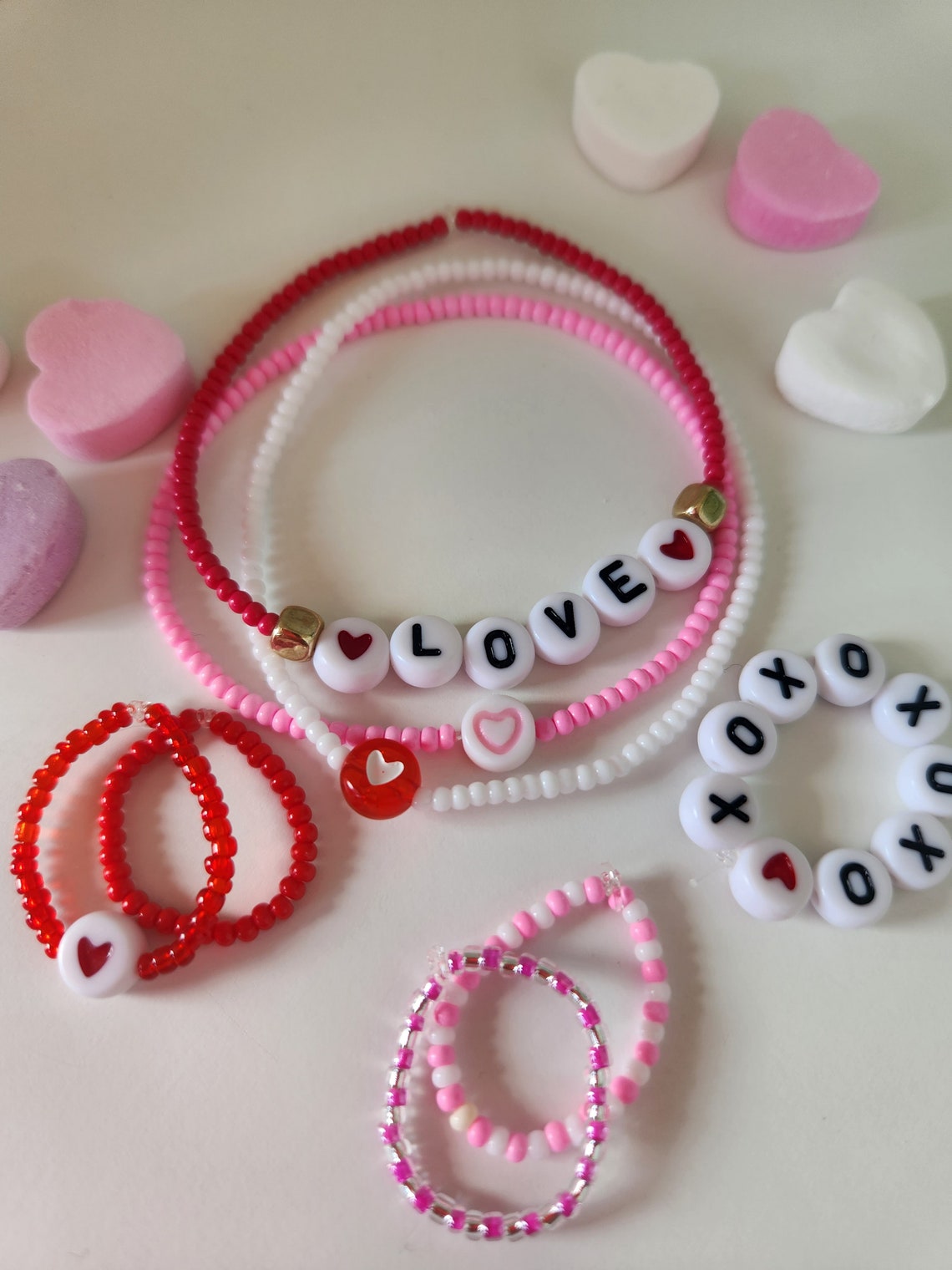Red and Pink Beaded Rings, Colorful Bead Rings, Red and Pink Rings ...