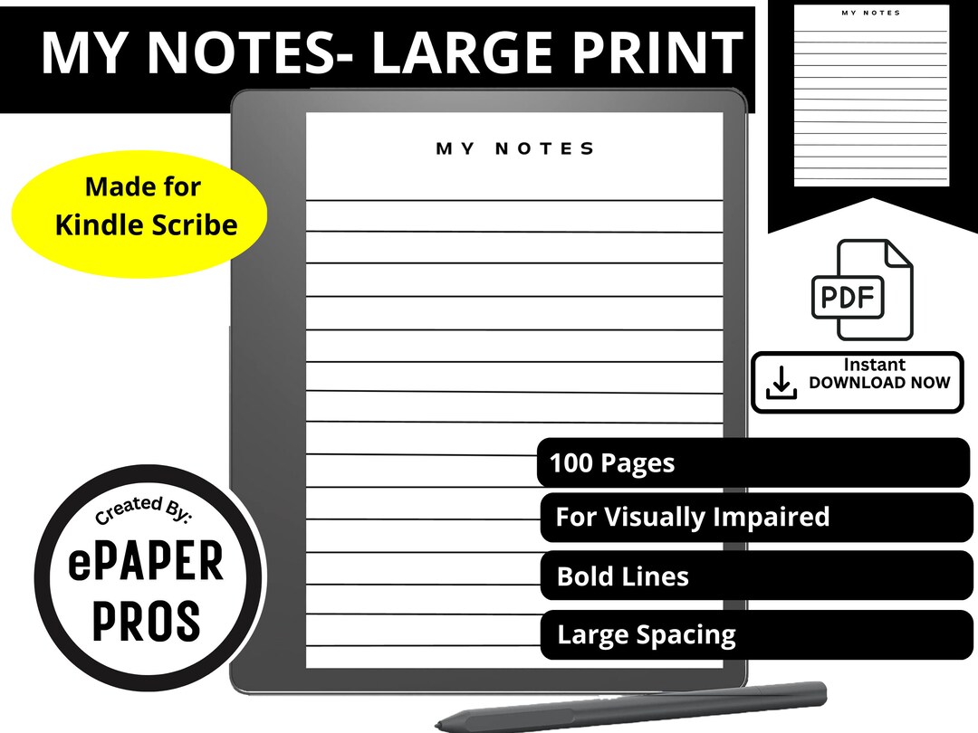 Large Print My Notes for Kindle Scribe Instant Download PDF Template ...
