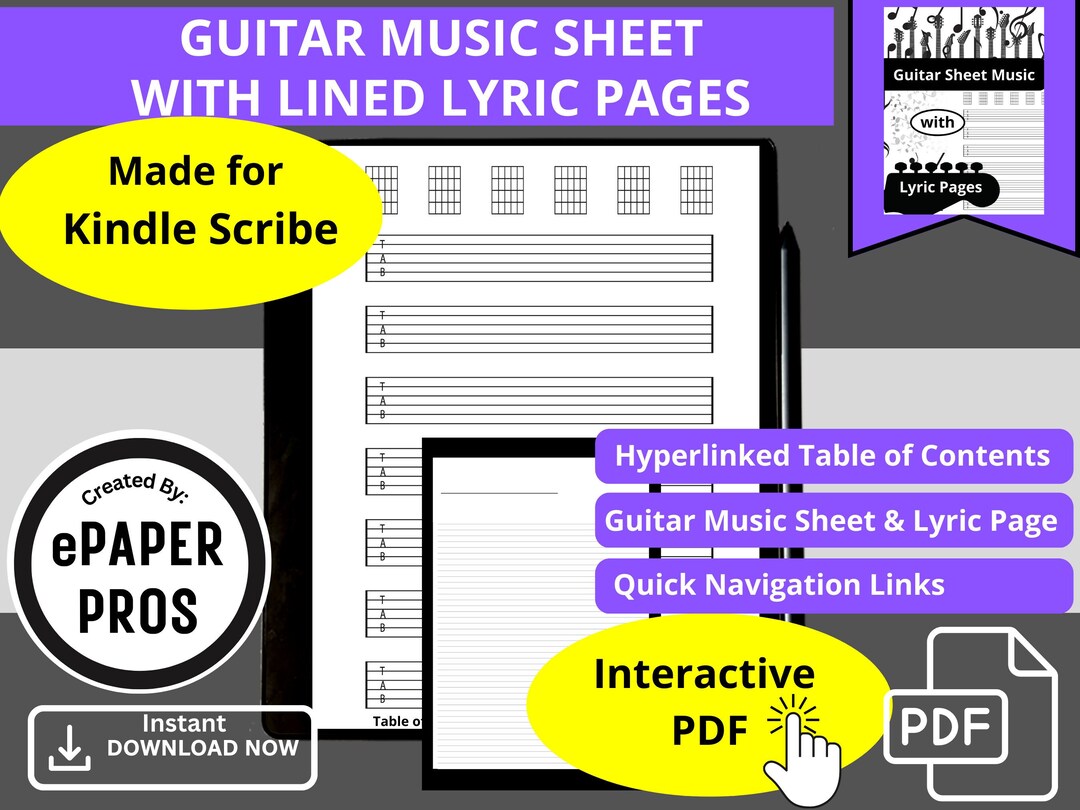 Kindle Scribe Guitar Music Tab Sheet & Lined Lyric Pages, Write Music ...