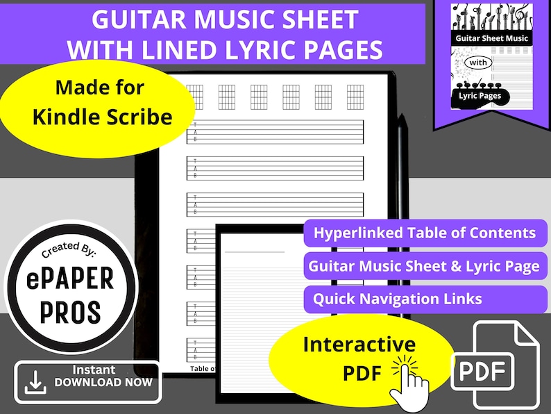 Kindle Scribe Guitar Music Tab Sheet & Lined Lyric Pages, Write Music ...
