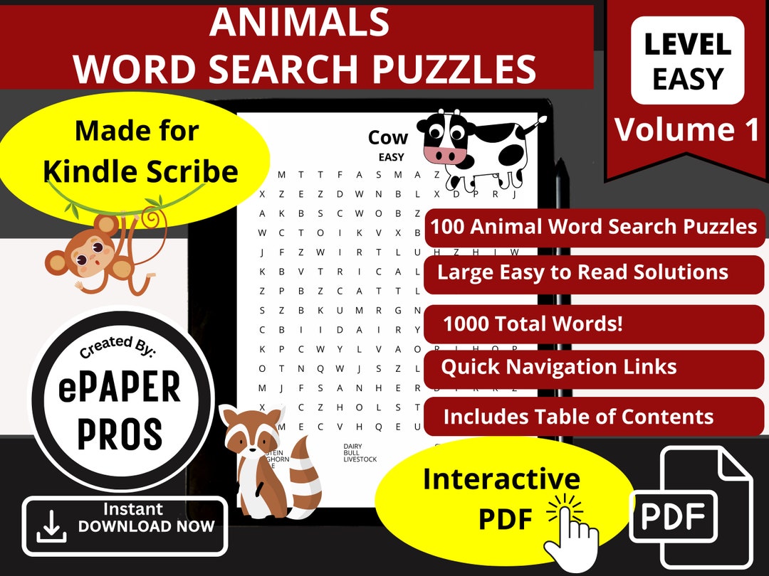 Kindle Scribe Word Search Animal Puzzles Interactive Hyperlinked PDF ...