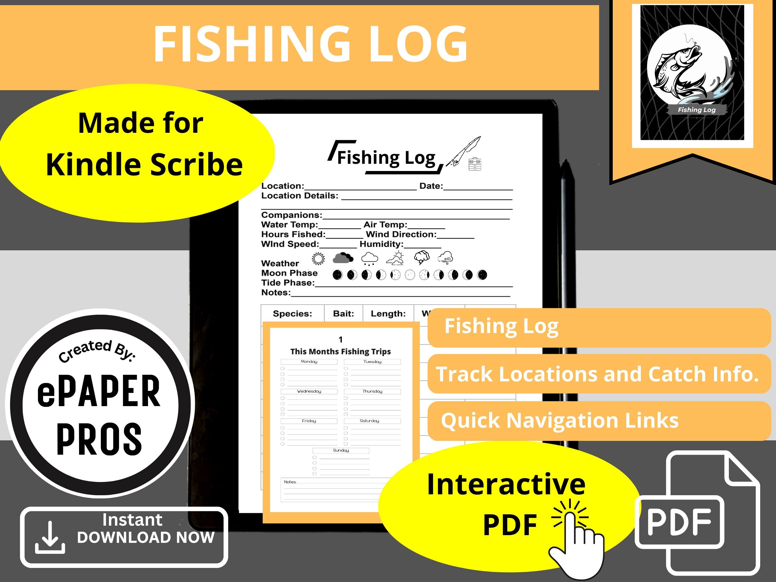 Kindle Scribe Fishing Log, Templates to Organize Fishing Trips, Weather ...