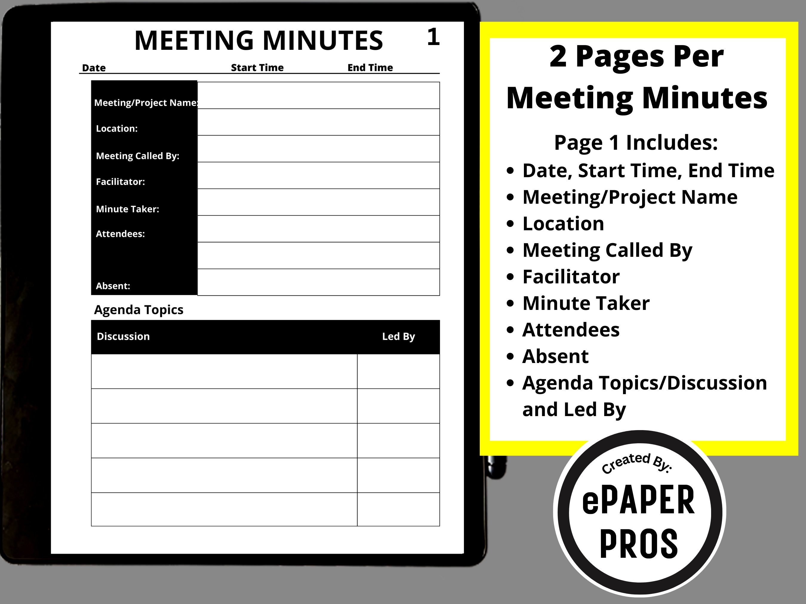Kindle Scribe Meeting Minutes Template for Taking Notes, Attendance ...