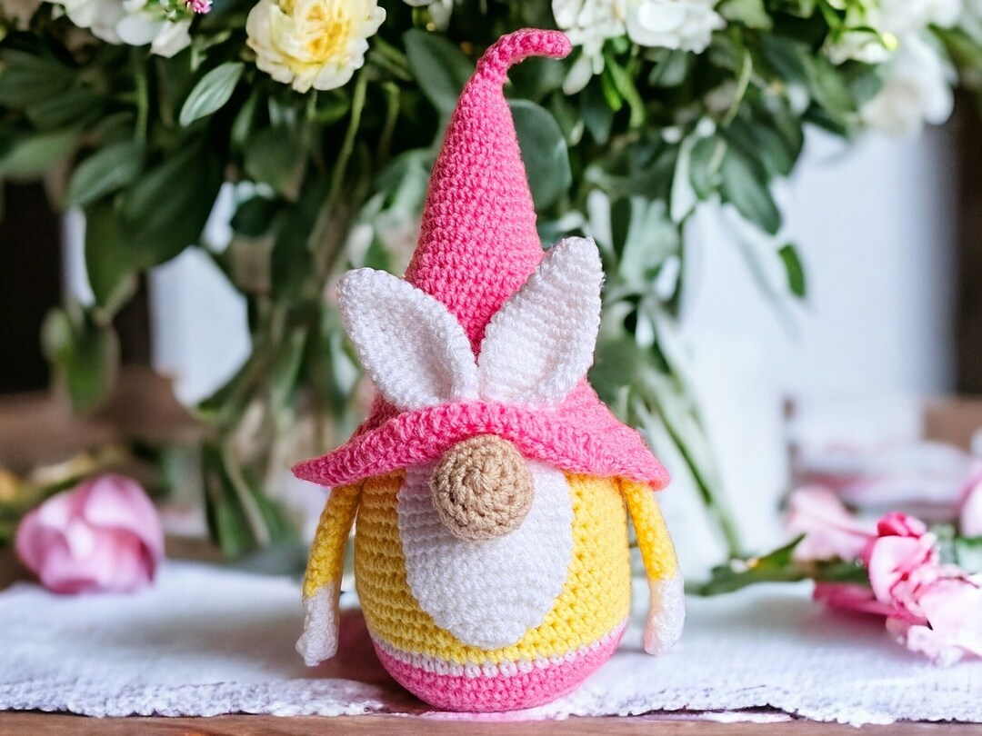 Crochet Easter Bunny Gonk Yellow & Pink Spring Gnome With Bunny Ears ...