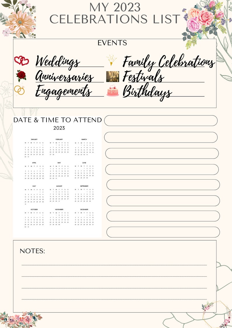 Printable 2023 Celebration Tracker List, Digital Celebration Planner ...