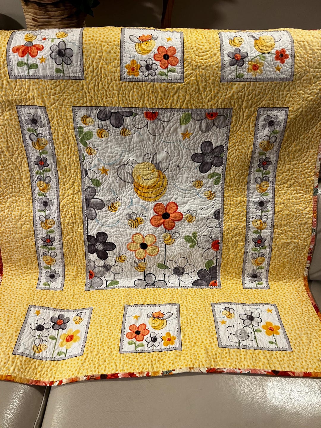 Handmade Quilted Baby Blanket With Bumblebees, Flowers and Yellow ...