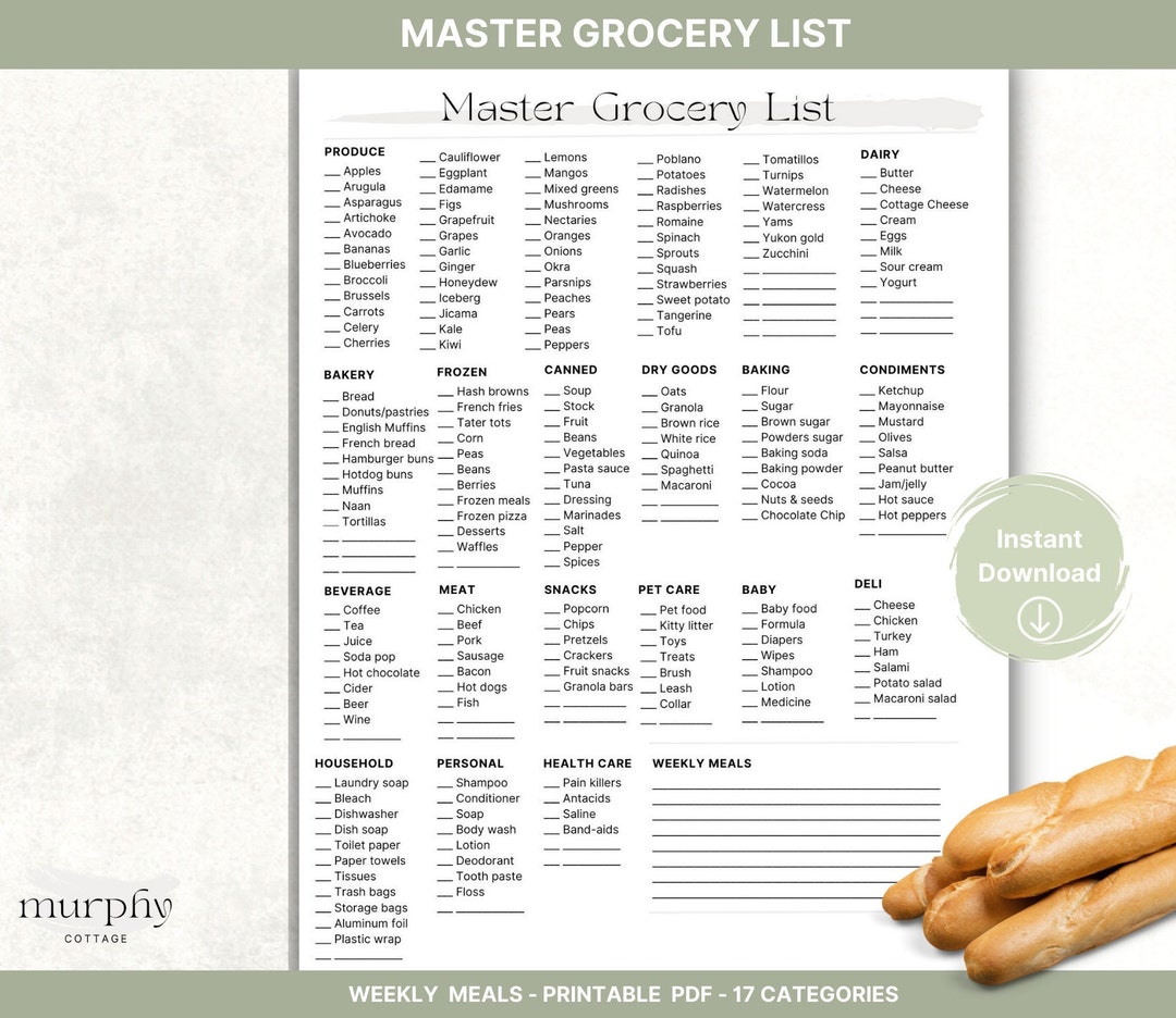 PRINTABLE GROCERY LIST, Robust Grocery List, Pre-filled Grocery List ...