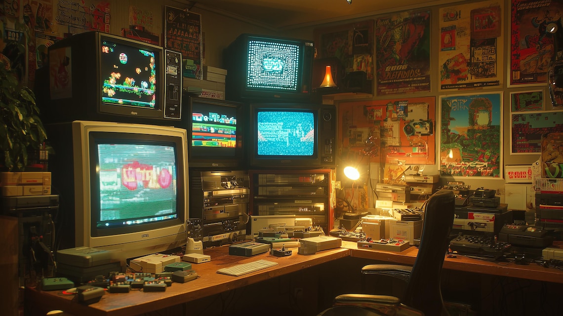 Animated Retro Gaming Setup Background, CRT TV Loop With Static Effects ...