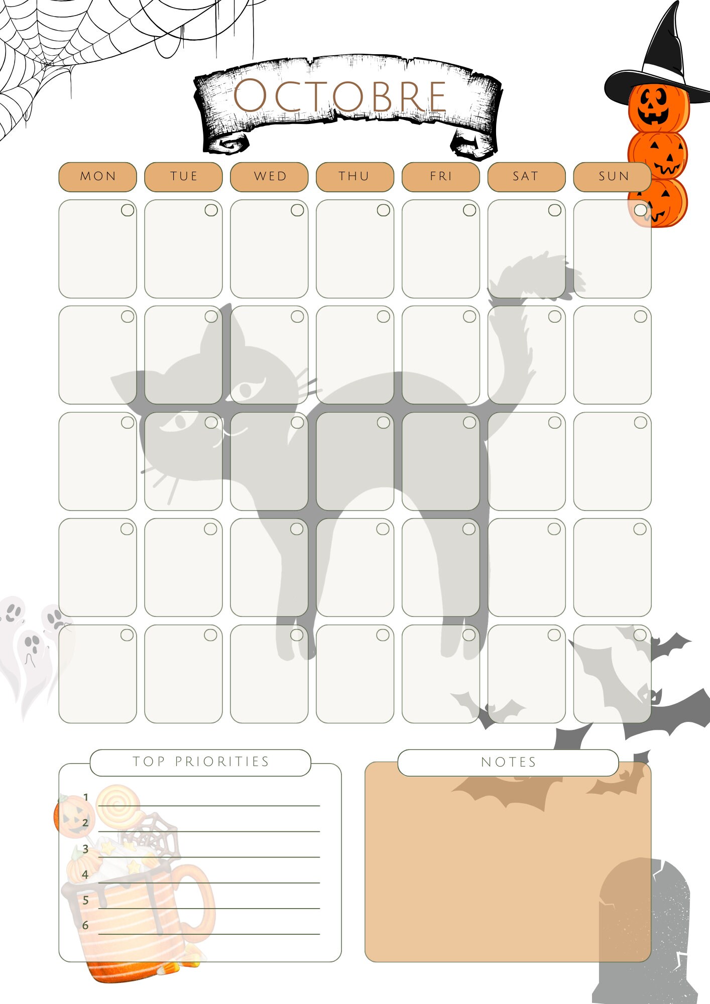 October Planner, Printable Template, Download Planner, Halloween Theme ...