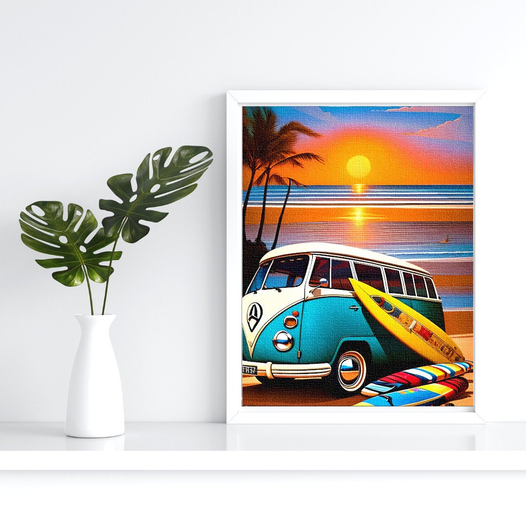 Combi Van Parked at the Beach With a Beautiful Sunset Backdrop, Wall ...