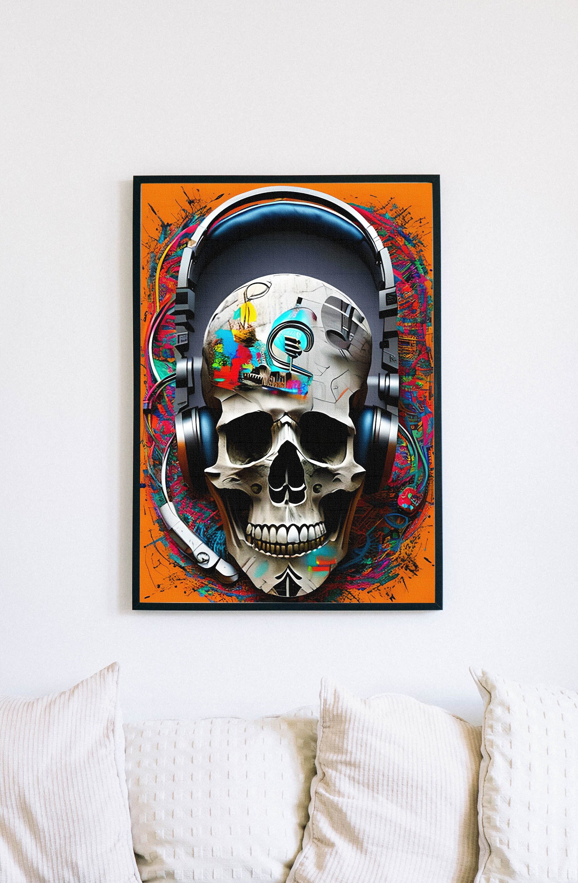 Skull Wearing Headphones/gaming/listening to Music Headset, Pop Art ...