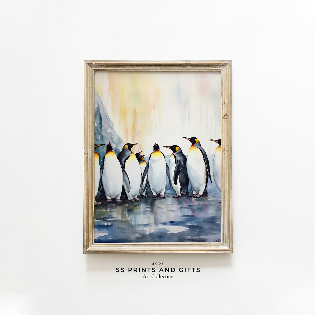Penguin Huddle Painting Watercolor Wall Art Landscape - Etsy