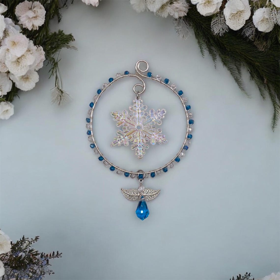 Teal Angel Suncatcher, Snowflake Ornament, Wire Wrapped Decoration - Etsy