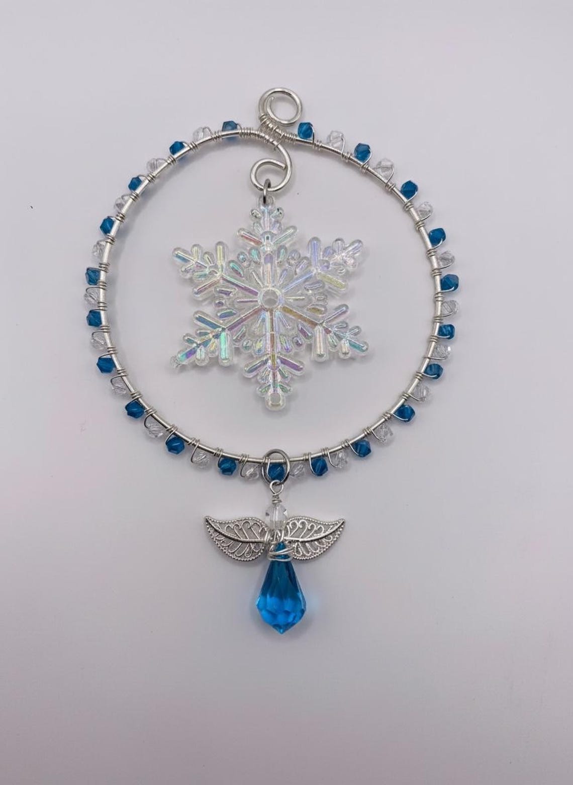 Teal Angel Suncatcher, Snowflake Ornament, Wire Wrapped Decoration - Etsy