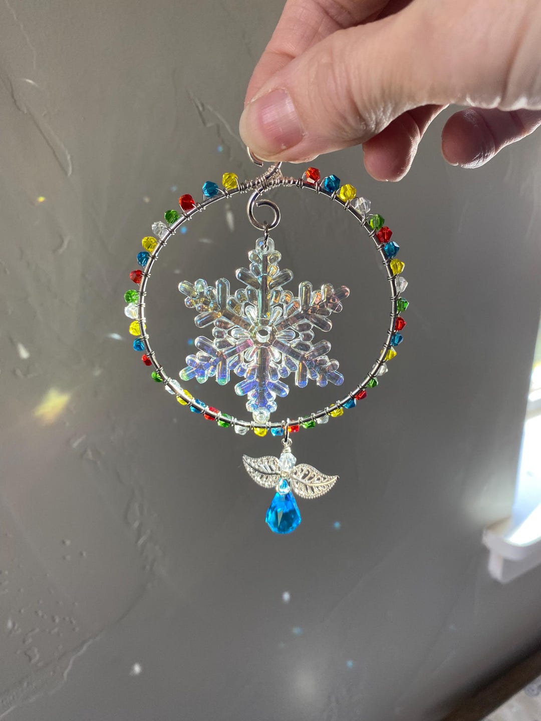 Snowflake and Angel Colorful Wire Wrapped Suncatcher, Snowflake and ...