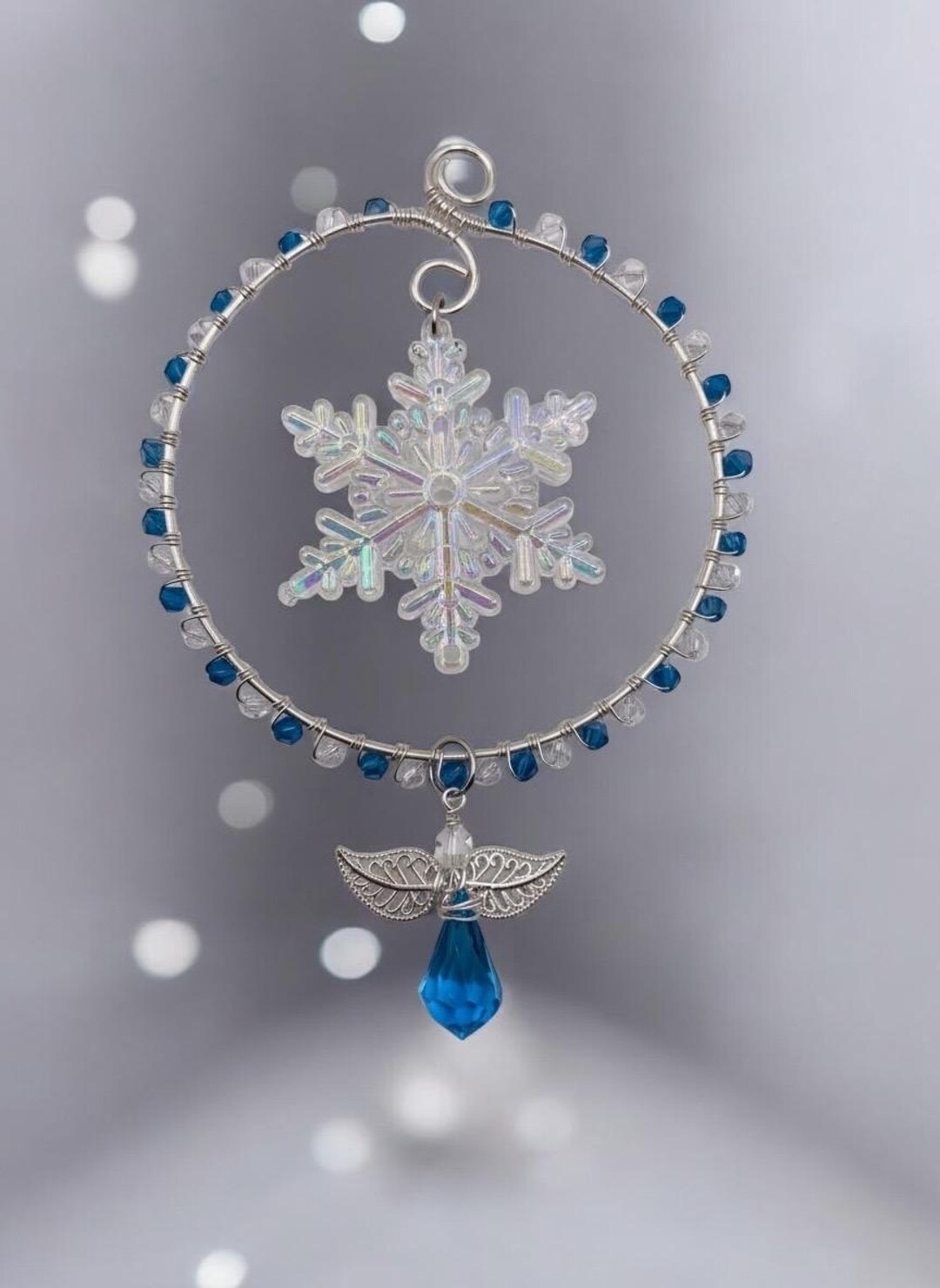Teal Angel Suncatcher, Snowflake Ornament, Wire Wrapped Decoration - Etsy