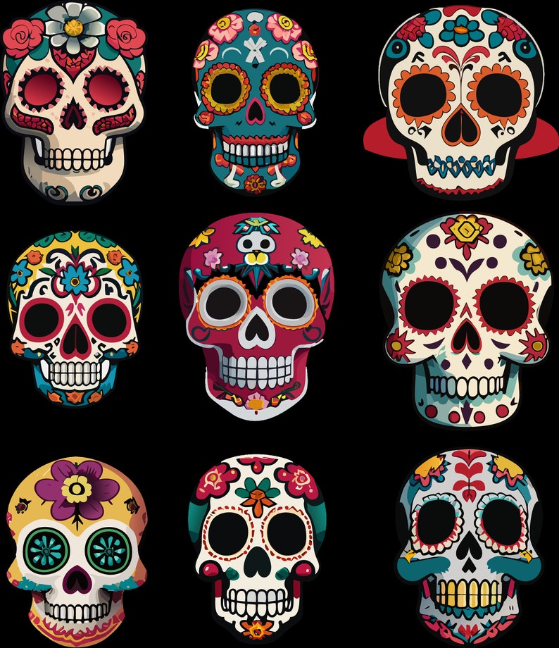 9 Sugar Skulls Pack Digital Images PNG Sugar Skull Clip Art for Print ...