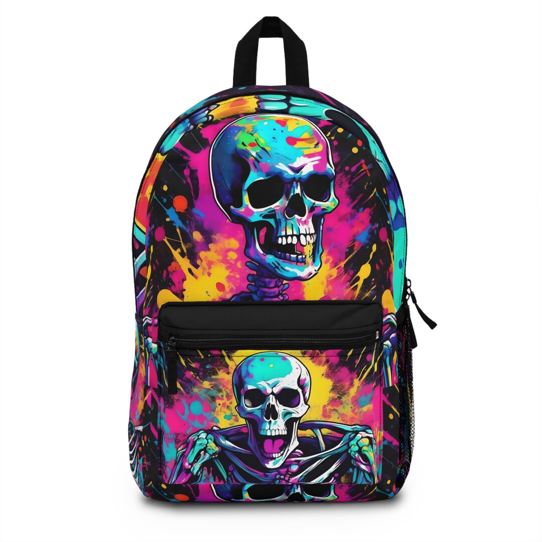 Unique Skull Backpack - Bright Colors Bookbag - Neon Paint Splatter ...