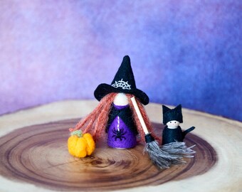 White & Amethyst Wool Felt Witch, Peg Doll Witch, Waldorf Inspired ...