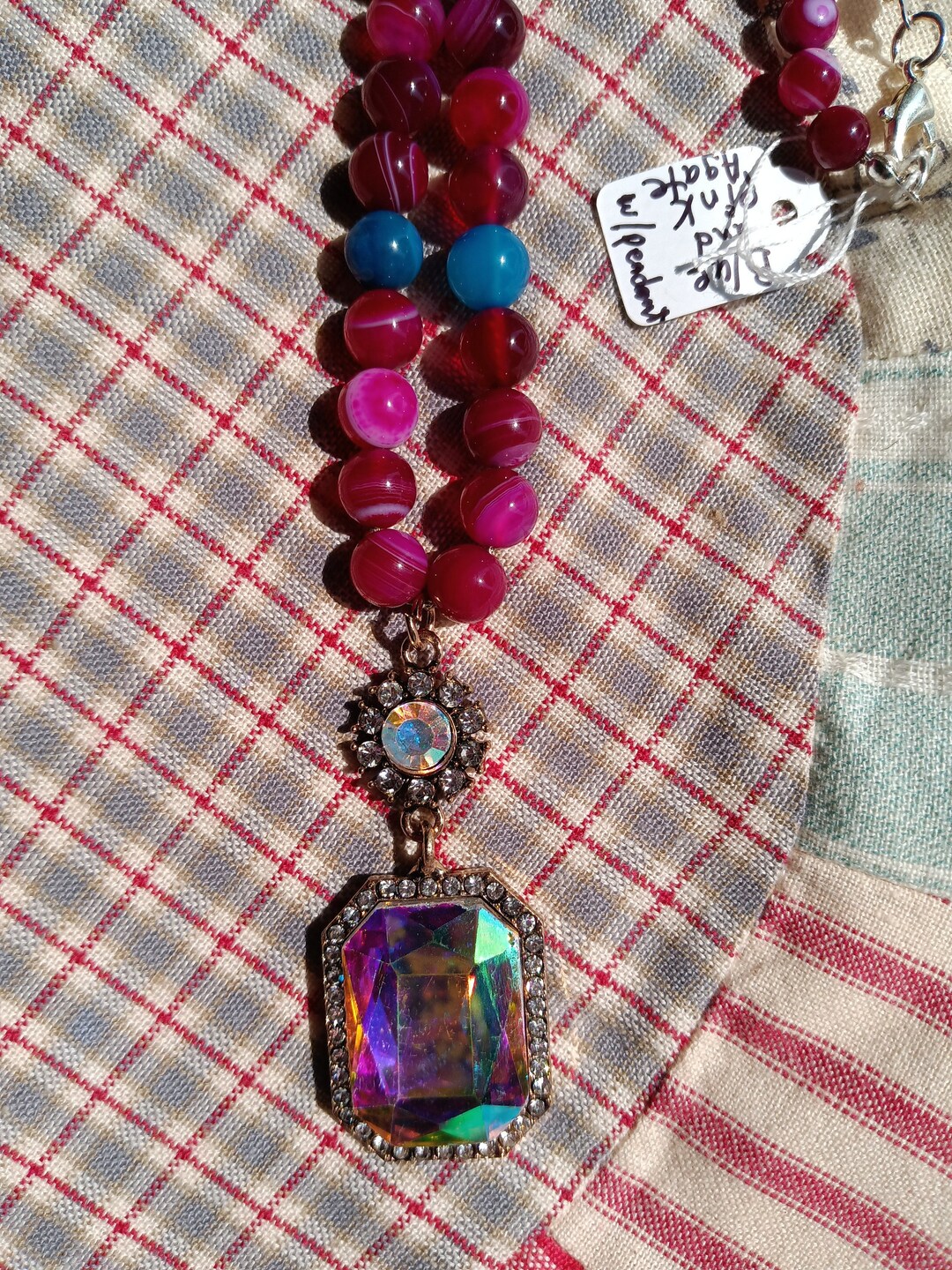 Fuchsia Pink Blue Agate Beaded Necklace Sparkly Faceted Rhinestone ...