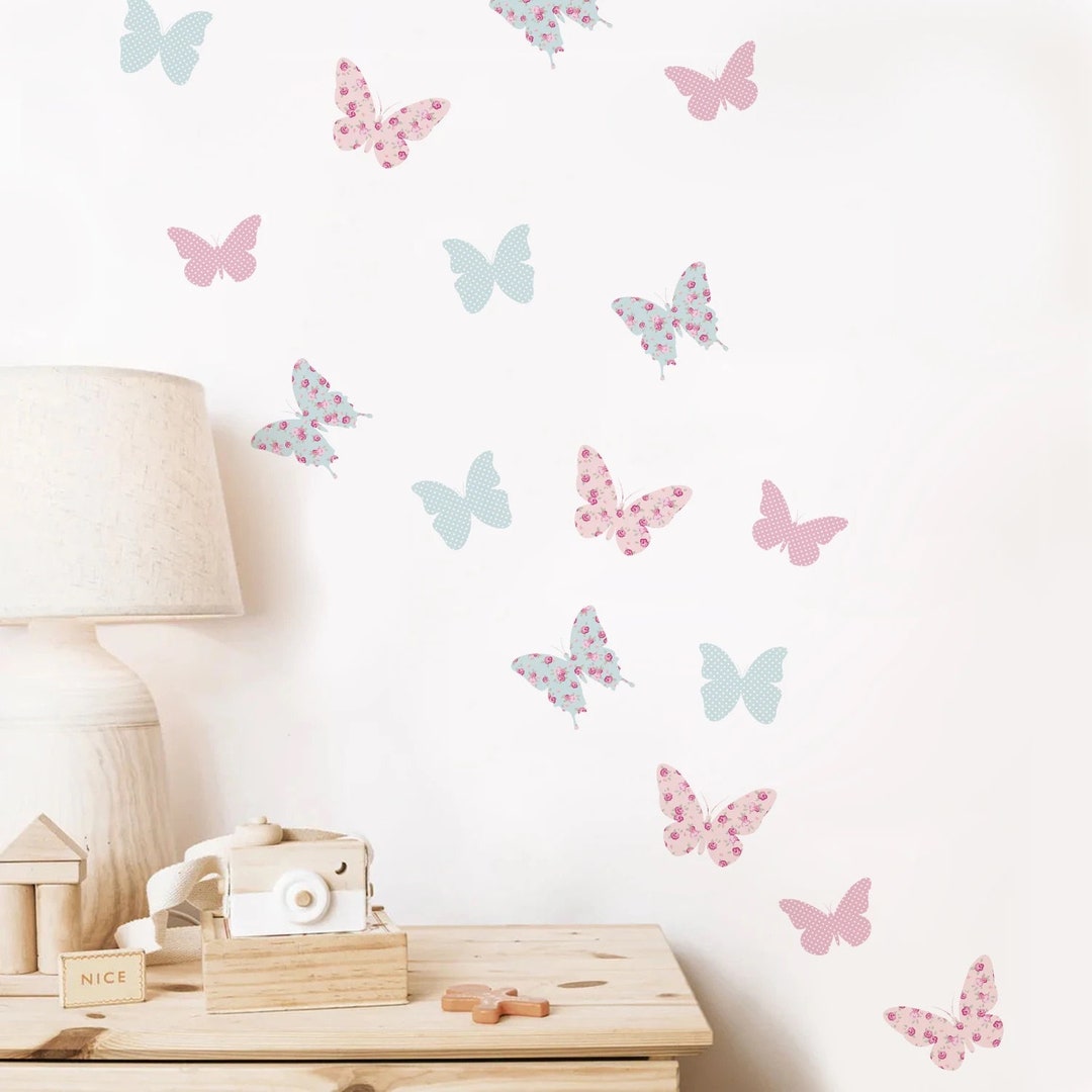Boho Pink Butterflies Wall Stickers - Vintage Floral Patterns for Girls ...