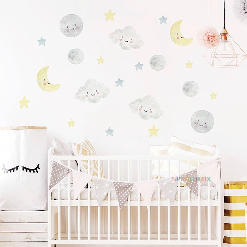 Adorable Moon and Cloud Wall Decals Eco-friendly Nursery Wall Stickers Children's Bedroom Decor ...