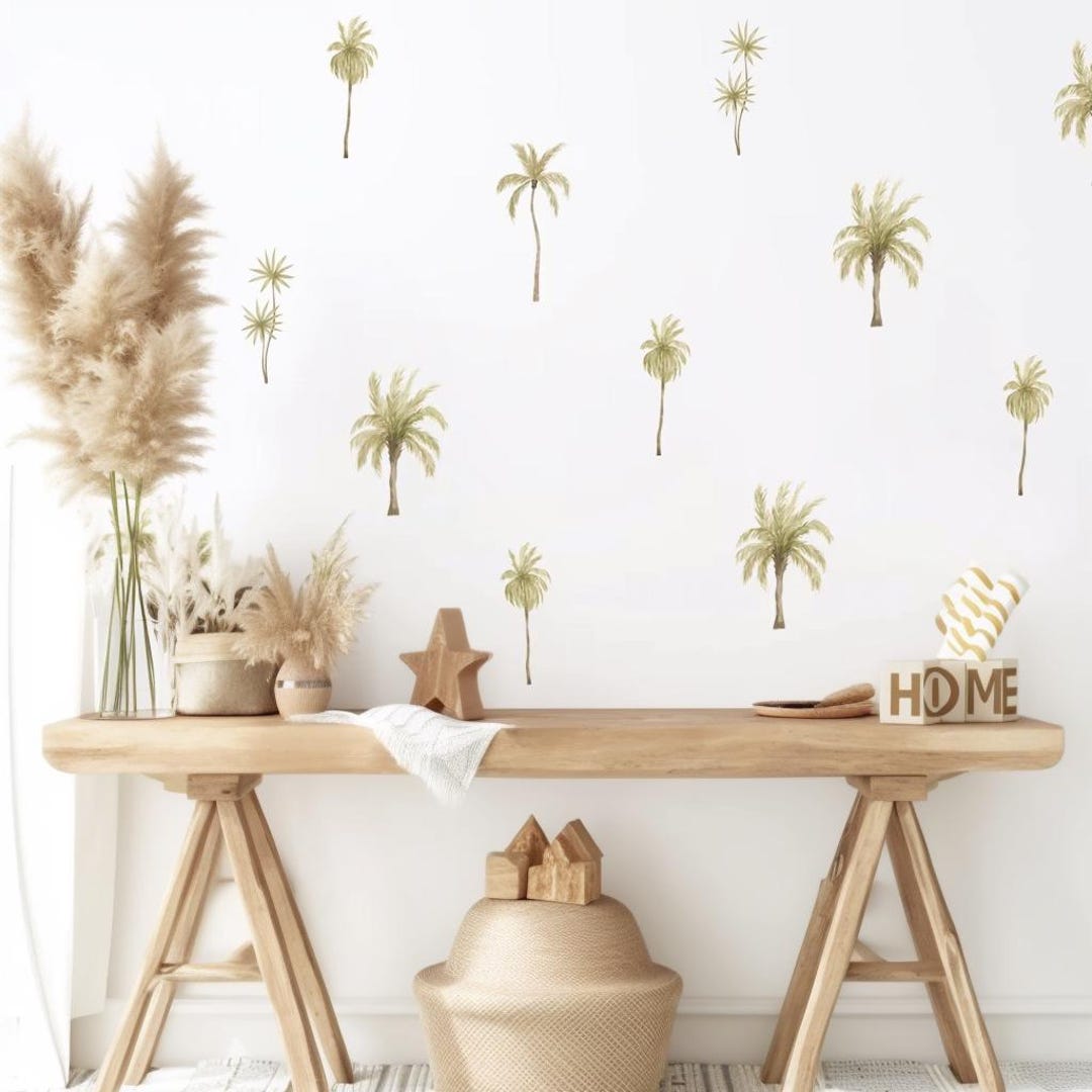 Boho Palm Coconut Tree Green Watercolor Wall Stickers, Removable Vinyl ...