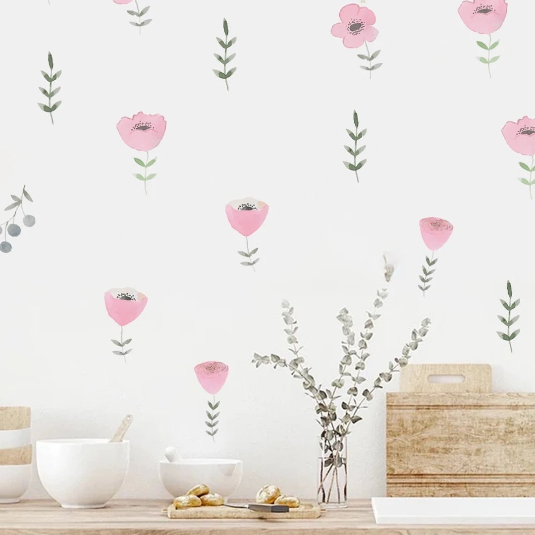 Enchanting Pink Flowers Wall Decals - Watercolor Meadow Floral and ...