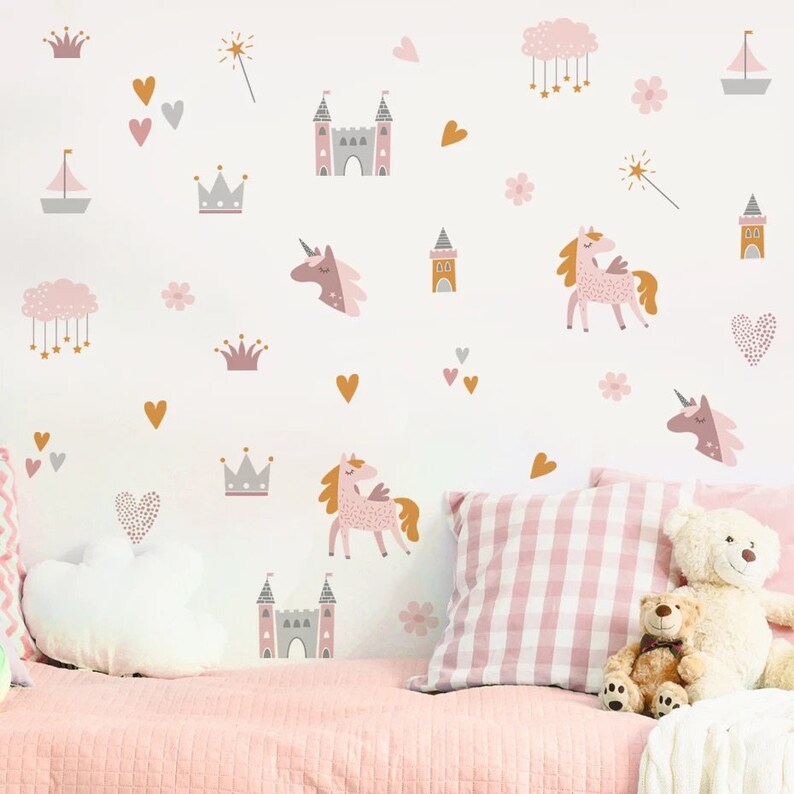Enchanted Fairytale Pink Unicorn Castle Wall Decals Eco-friendly Kids ...